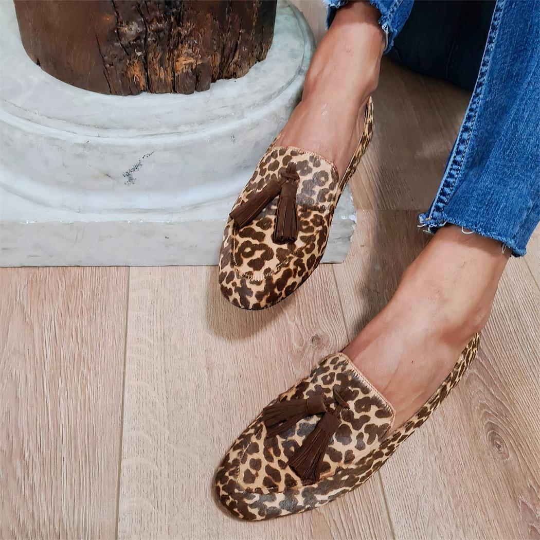 Mocassins plats à glands imprimé léopard pour femme • Mon Mocassin